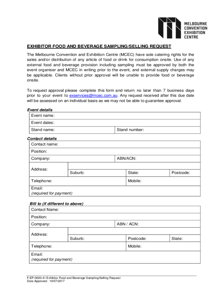 Fillable Online Exhibitor Food and Beverage Sampling/Selling Request ...