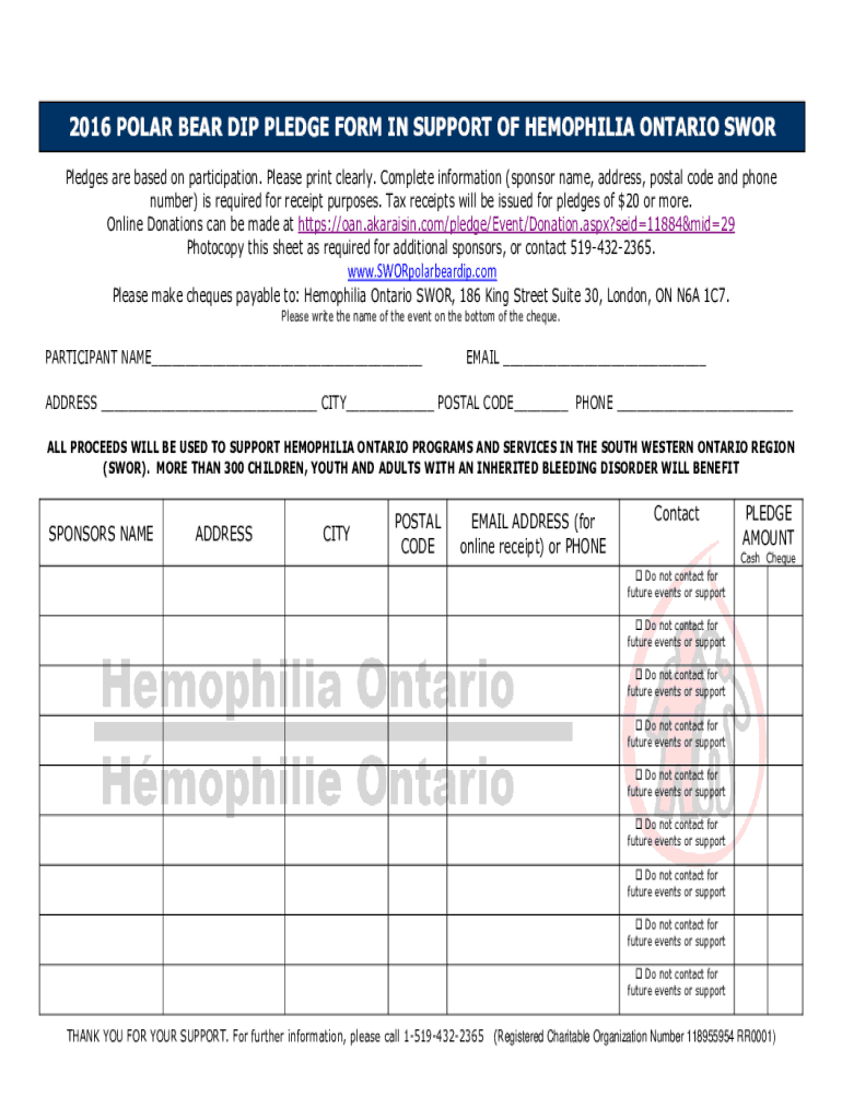 Fillable Online Polar Bear Dip pledge forms now available for your ...
