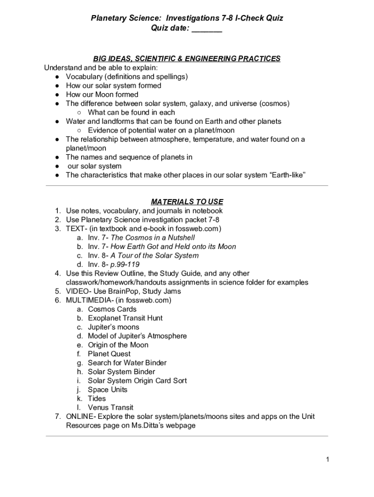 Fillable Online Planetary Science: Investigations 7-8 I-Check Quiz Quiz ...