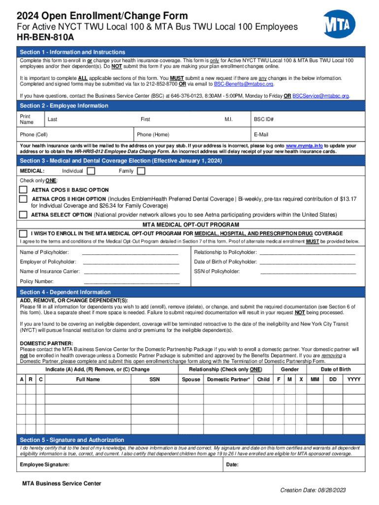 Fillable Online HR-BEN-810A 2024 TWU L100 & MTA Bus OE Form Fax Email ...