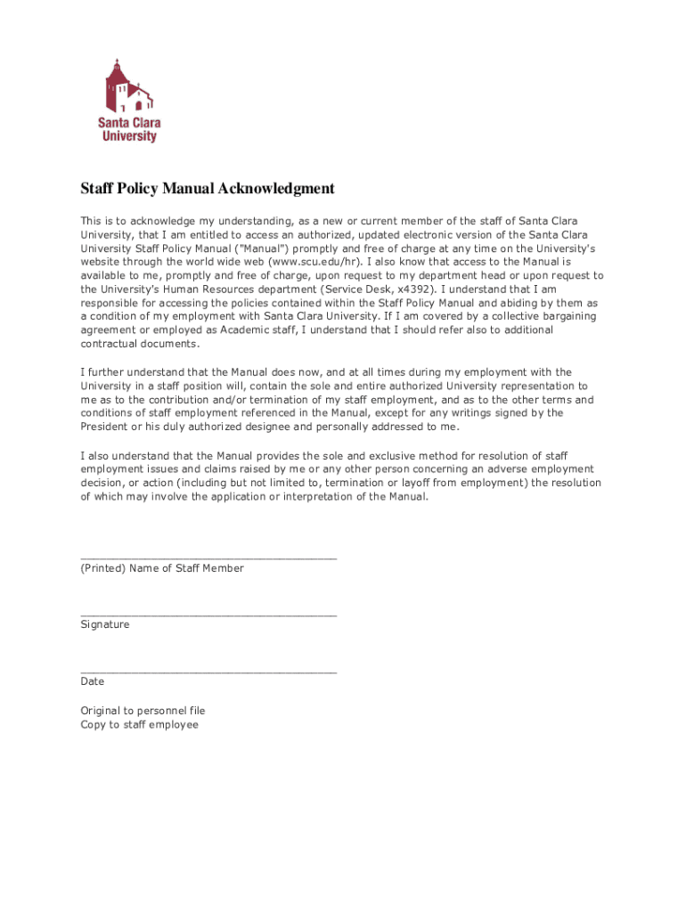 Fillable Online Staff Policy Manual Acknowledgment - Human Resources Fax Email Print - pdfFiller