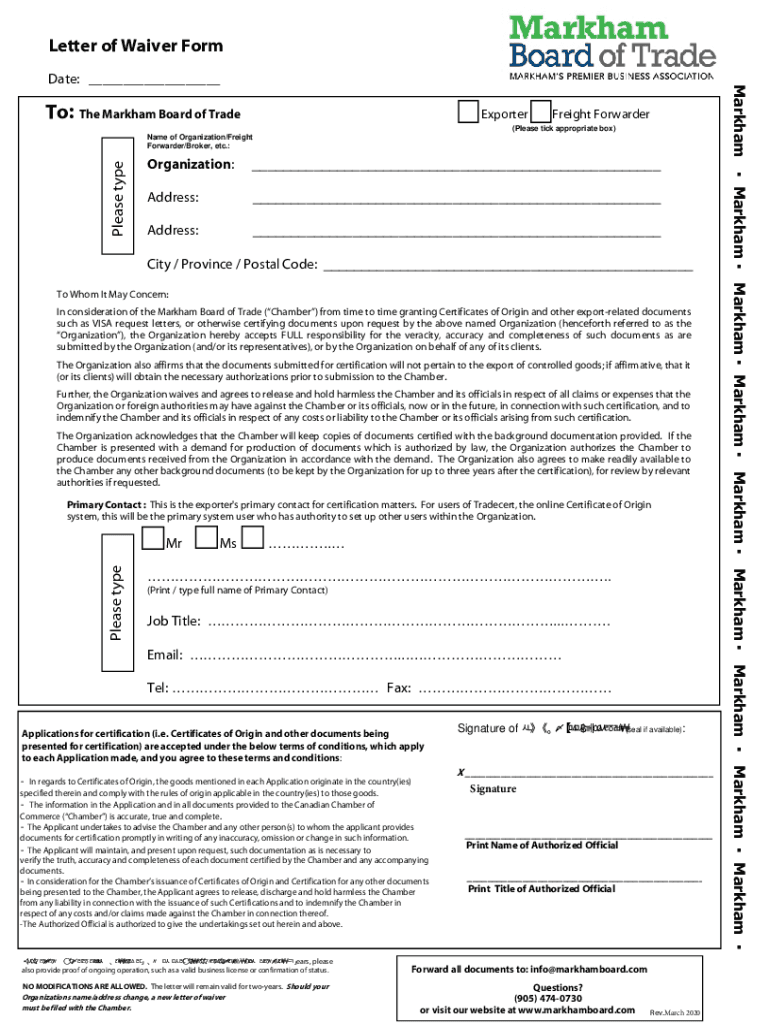 Fillable Online Markham Board of Trade - Letter of Waiver Form Fax Email Print - pdfFiller