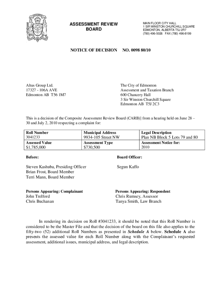Fillable Online Assessment Review Board Notice of decision no. 0098 80/ ...