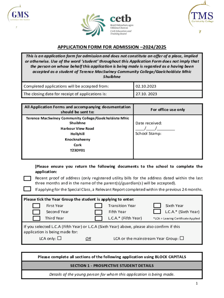 Fillable Online APPLICATION FORM FOR ADMISSION 2024/2025 Fax Email ...
