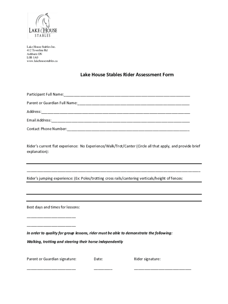 Fillable Online Lake House Stables Rider Assessment Form Fax Email ...