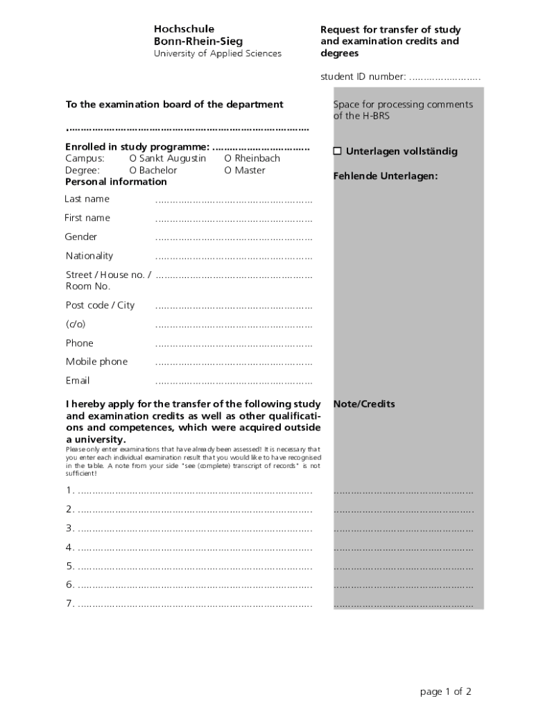 Fillable Online Request for transfer of study and examination credits and ... Fax Email Print ...