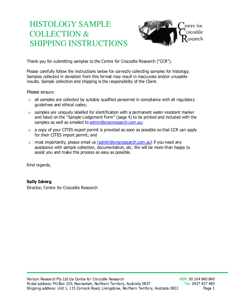 Fillable Online CrocResearch Histology sample collection and shipping ...