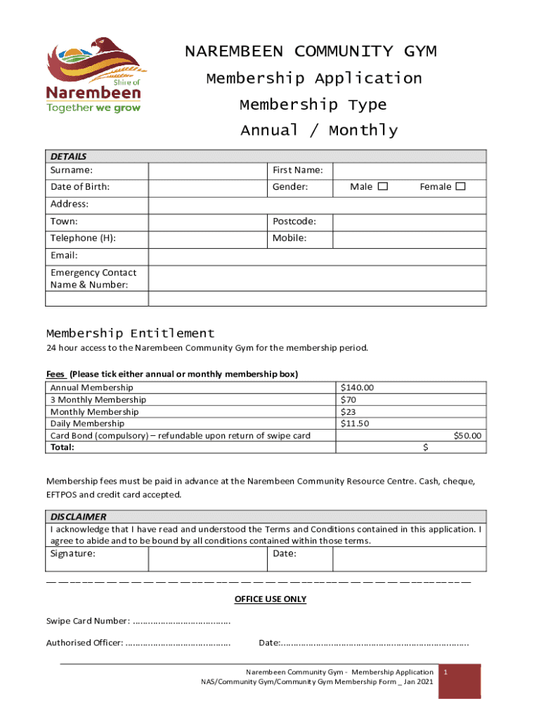 Fillable Online Gym Membership Application Form Personal Details ...