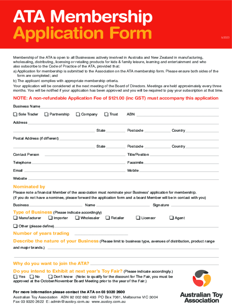 Fillable Online ATA Membership Application Form - Australian Toy Association's Fax Email Print ...