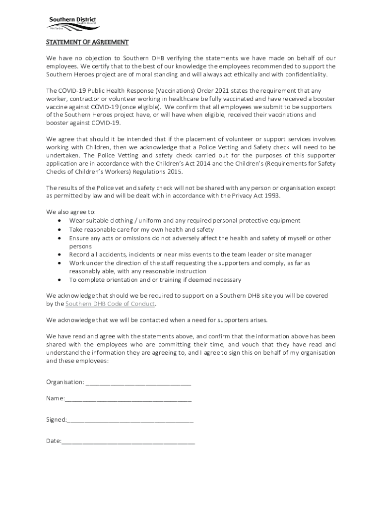 Fillable Online statement of agreement - Southern Heroes Fax Email ...