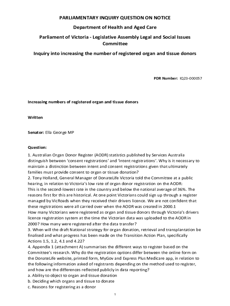 Fillable Online parliamentary inquiry question on notice - Parliament ...