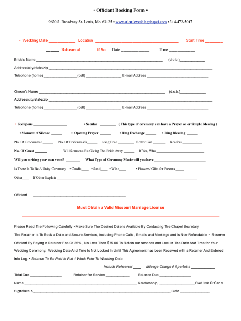 Fillable Online Wedding Officiant Booking form Fax Email Print - pdfFiller
