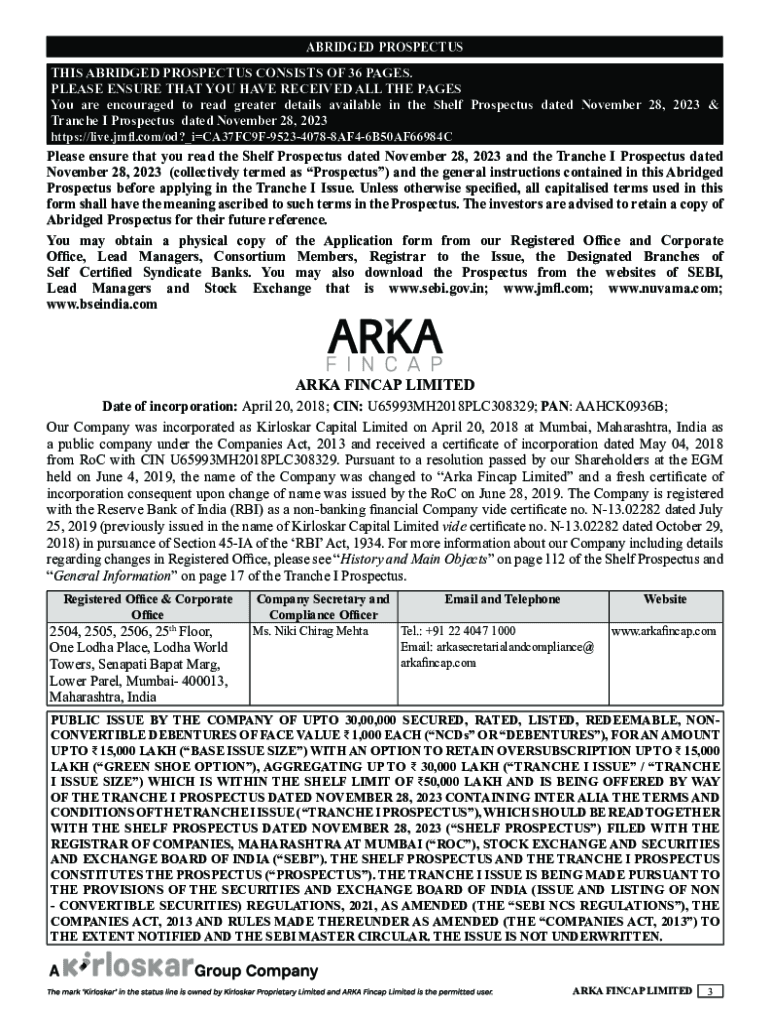 Fillable Online Arka Fincap - Abridged Prospectus Fax Email Print - pdfFiller