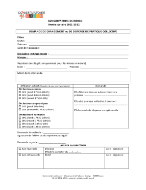 Remplissable En Ligne DEMANDE DE CHANGEMENT ou DE DISPENSE ... Faxer Email Imprimer - pdfFiller