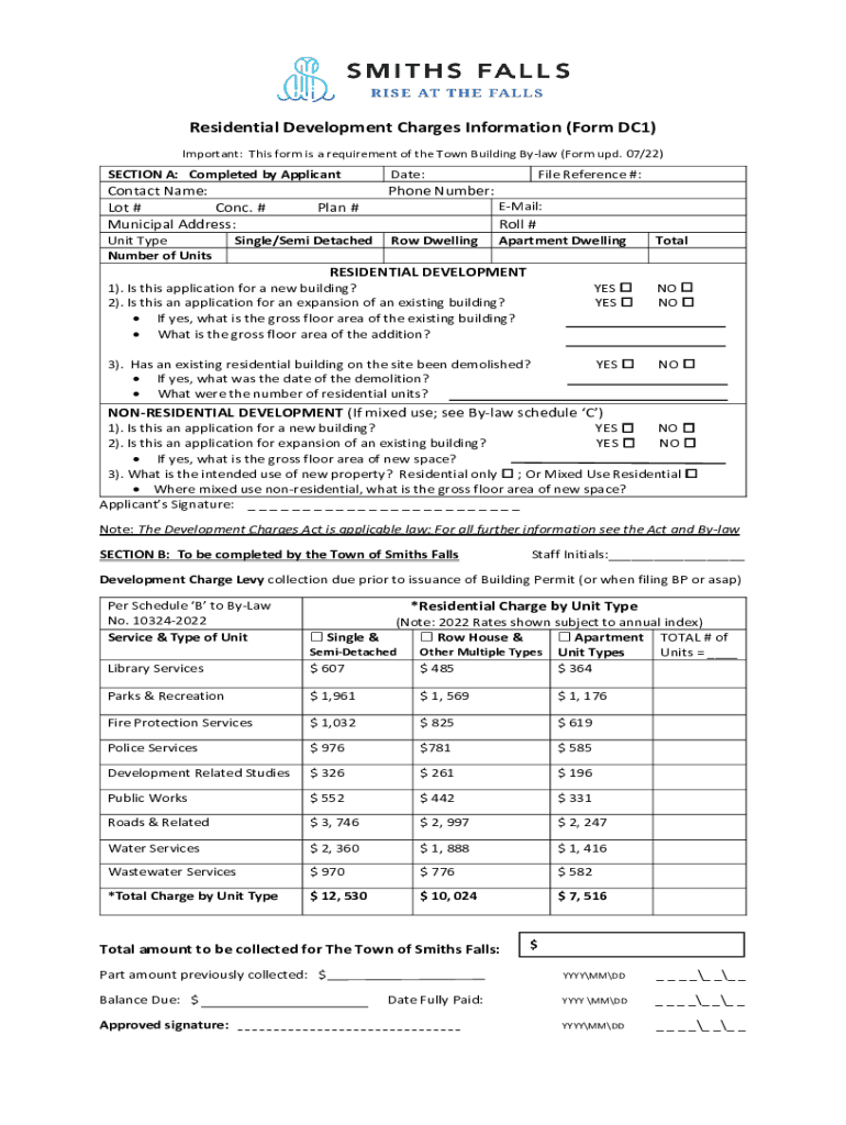 Fillable Online Residential Development Charges Information (Form DC1 ...
