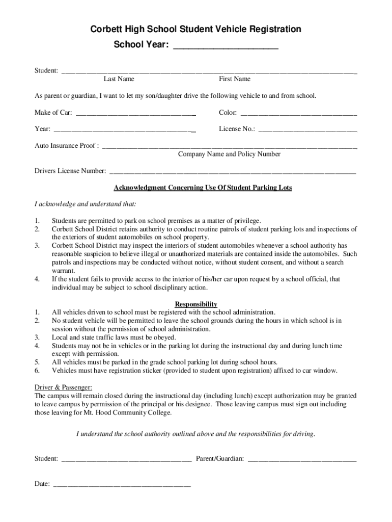 Fillable Online corbett k12 or Corbett High School Student Vehicle ...