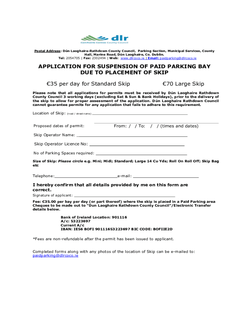Fillable Online Application Form to place a Skip on a Public Road or ...