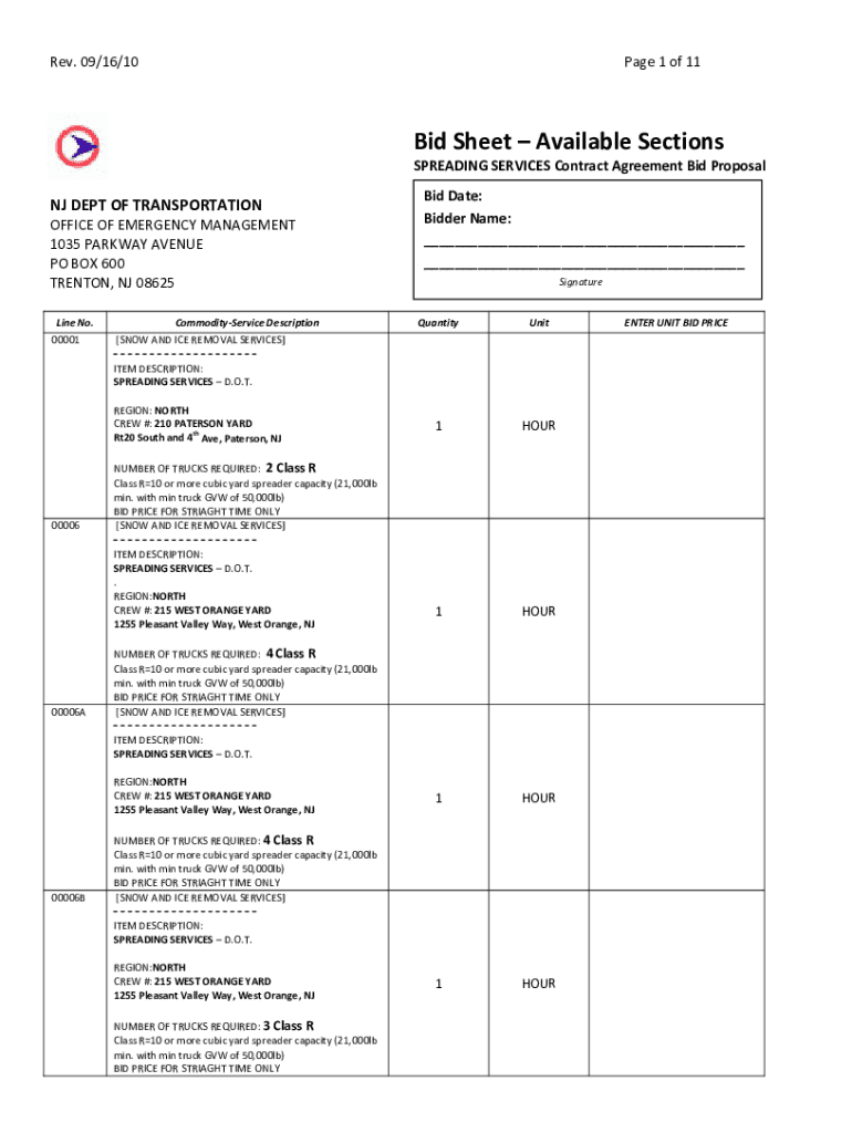 Fillable Online Bid Sheet - Spreading Services Contract Agreement Bid ...