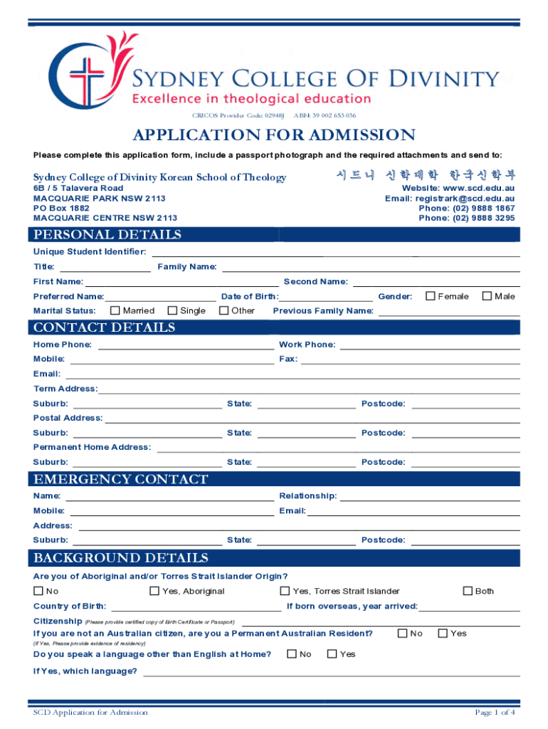 Fillable Online APPLICATION FOR ADMISSION - SCD SKTC (Sydney Korean ...