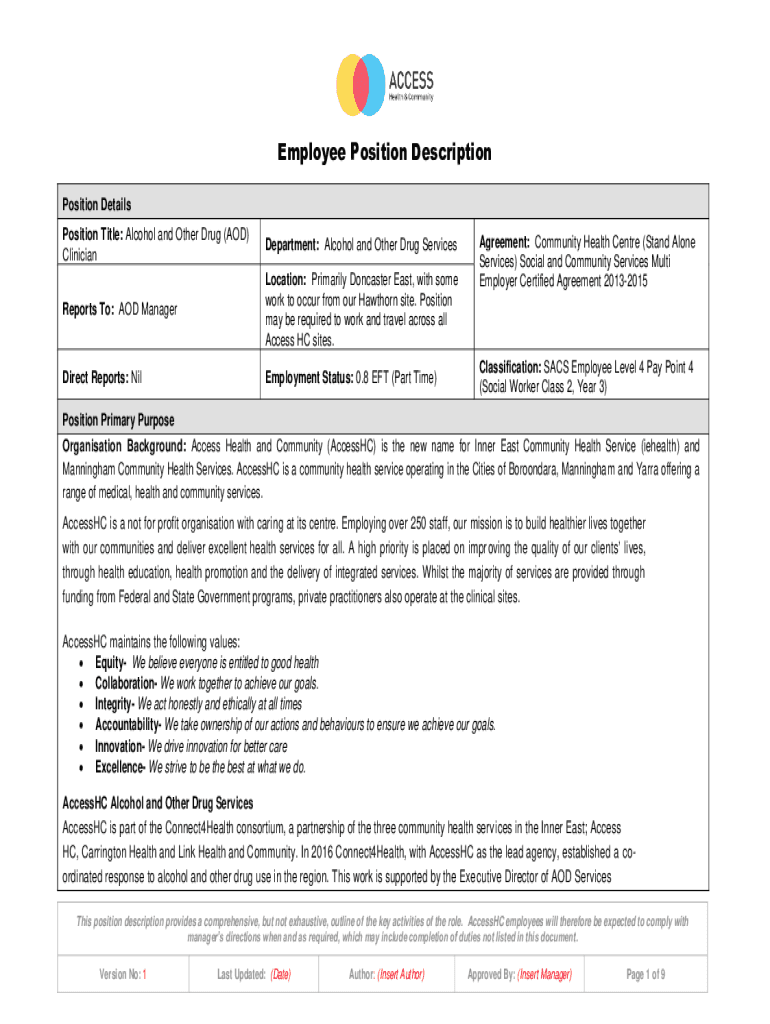 Fillable Online AOD Clinician - Job in Melbourne - Access Health ...