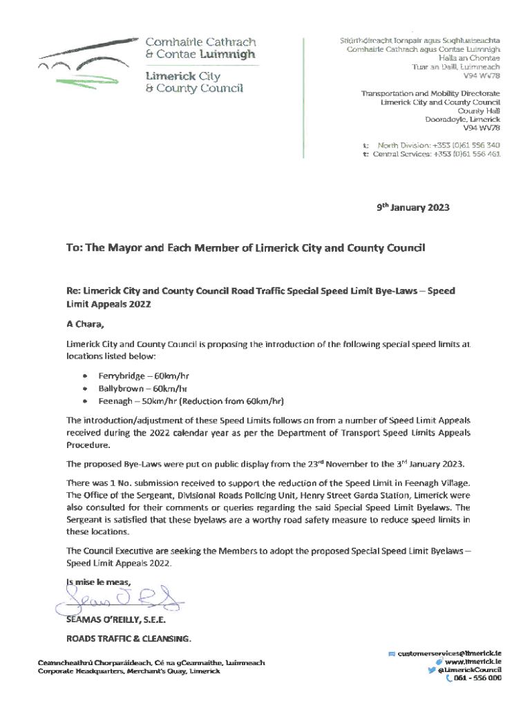 Fillable Online Limerick City and County Council Special Speed Limit Bye- ... Fax Email Print ...