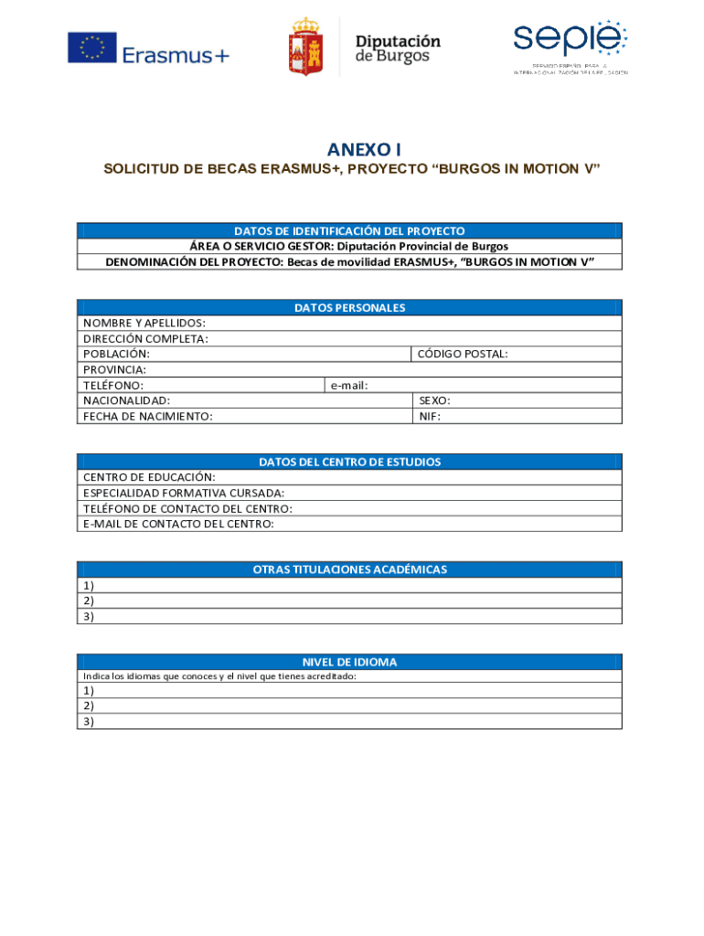 Completable En línea ANEXO I SOLICITUD DE BECAS ERASMUS+, PROYECTO ...