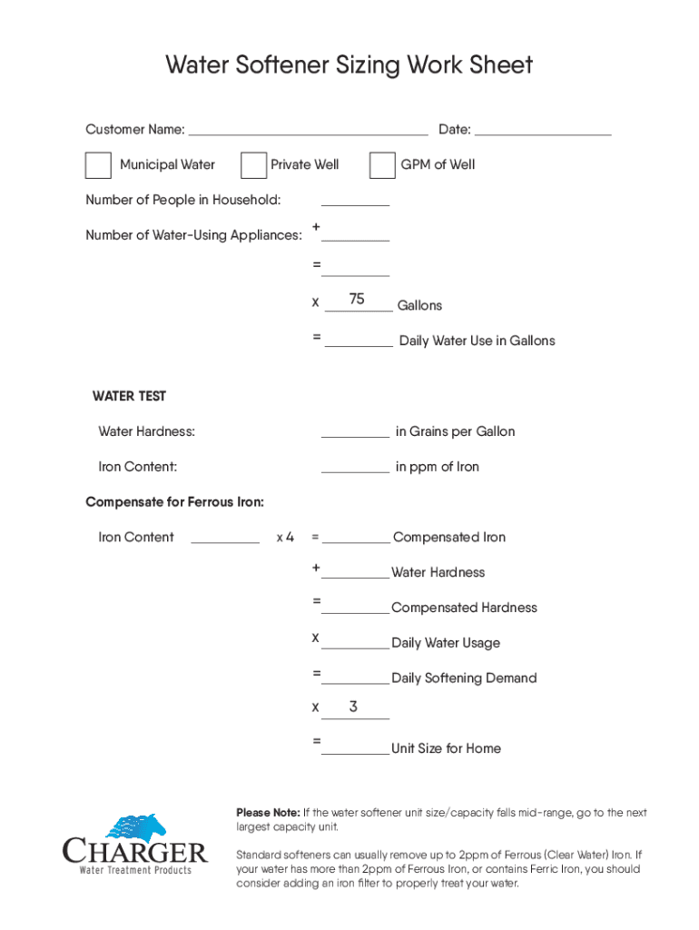 Fillable Online Water Softening Sizing Worksheet Fax Email Print ...