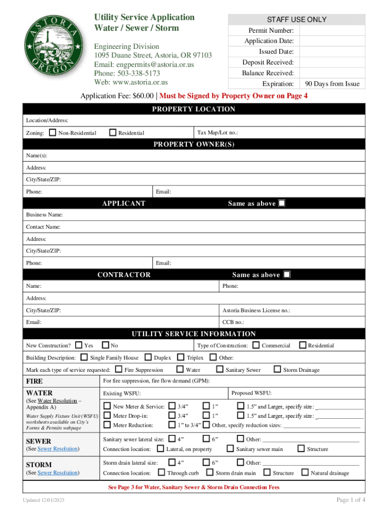 Fillable Online Utility Service Application Water / Sewer / Storm Fax Email Print - pdfFiller