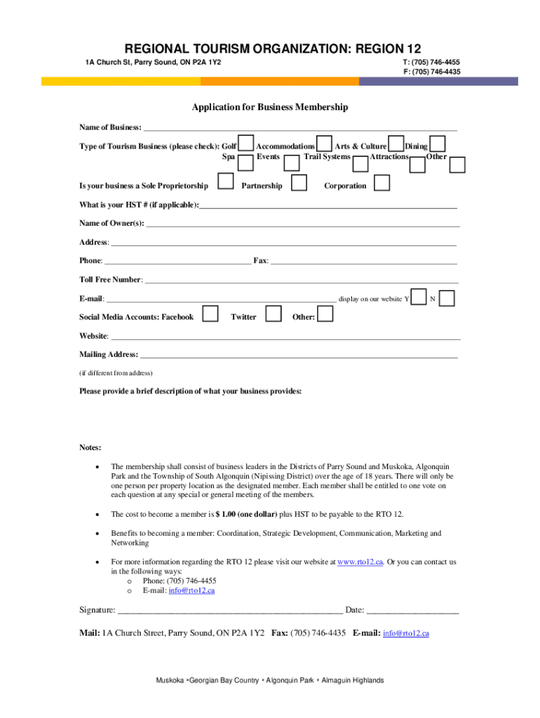Fillable Online Regional Tourism Organization 12 Parry Sound/Muskoka ...