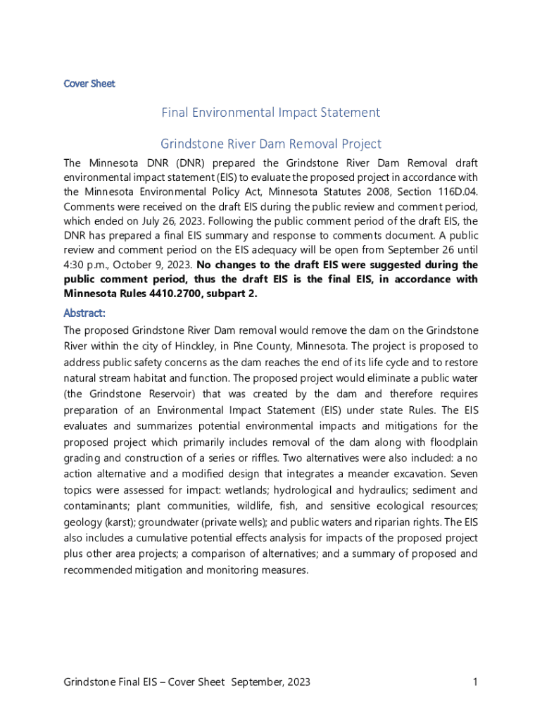 Fillable Online files dnr state mn Grindtone River Dam Removal Final EIS cover sheet. Grindtone ...
