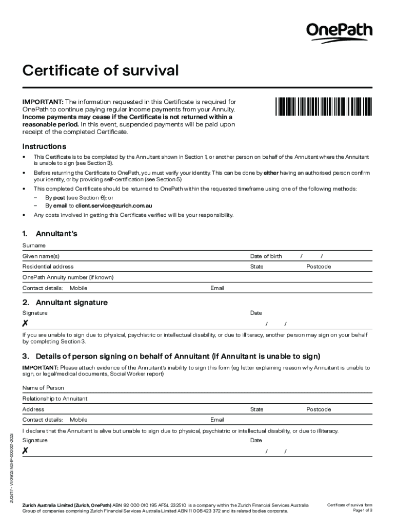 Fillable Online onepath-certificate-of-survival-form. ... Fax Email ...