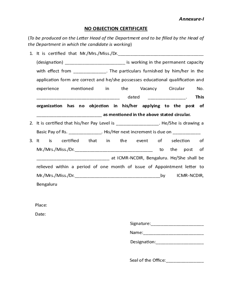 Fillable Online Free No Objection Certificate Word Templates Fax Email ...