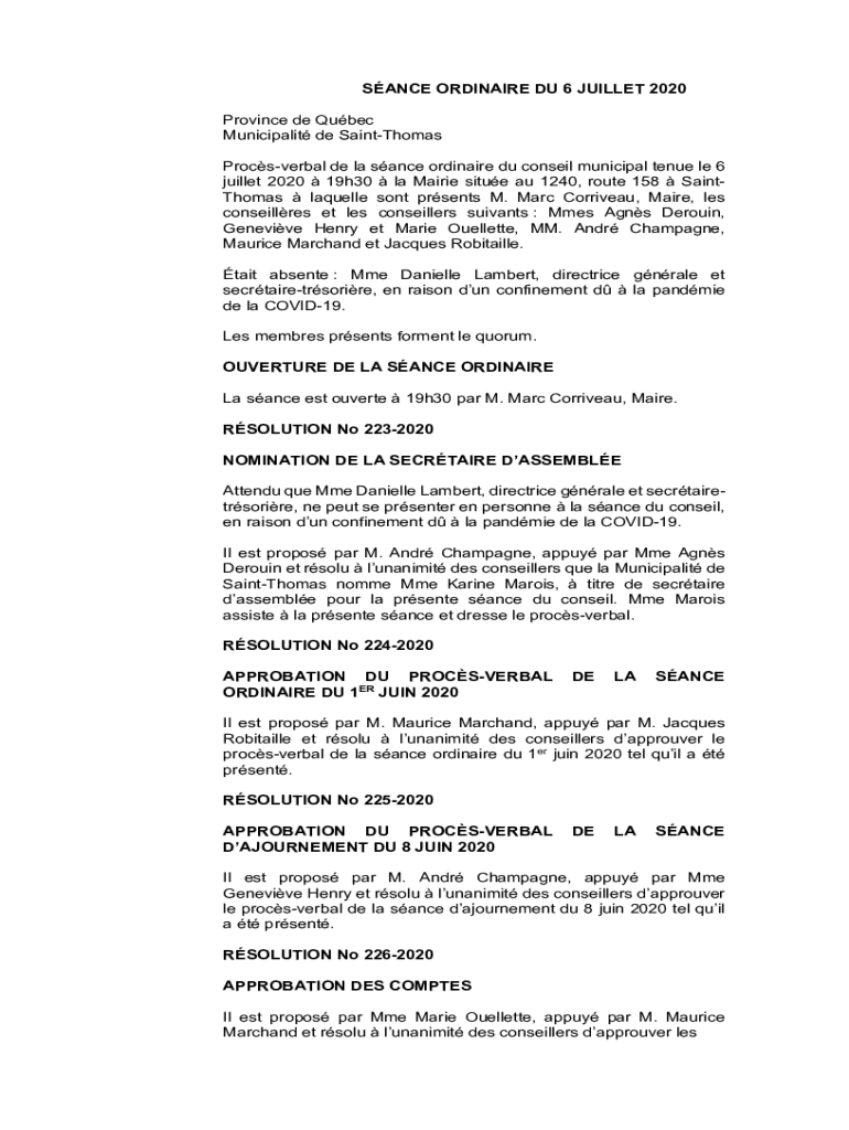 Remplissable En Ligne Procs-verbal de la sance ordinaire du conseil municipal tenue le 6 Fax ...