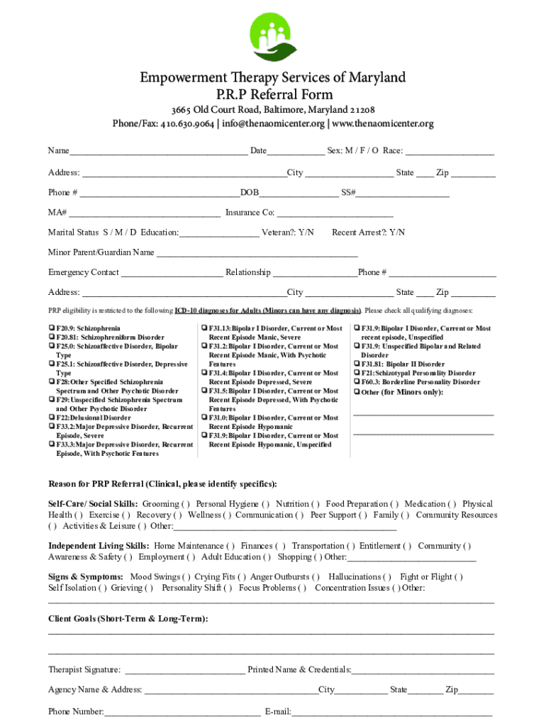 Fillable Online Adult and Youth PRP Referral FormBehavioral Health Care ...