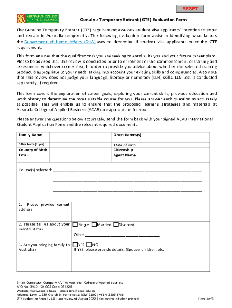 Fillable Online GTE Genuine Temporary Entrant - Australia Visa Fax ...