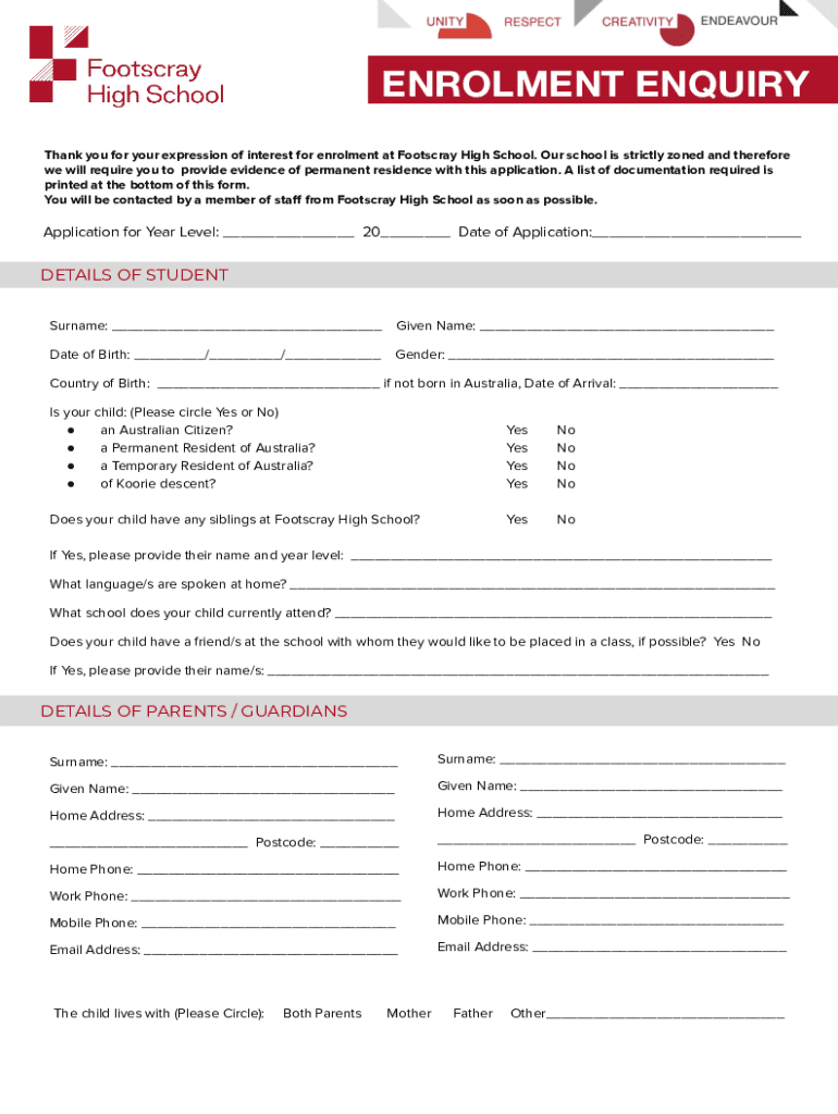Fillable Online footscray vic edu Enrolment: Step 3 (Enrolment Process ...