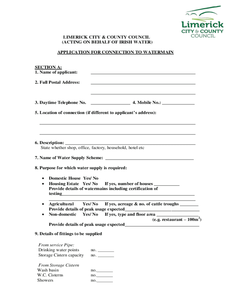 Fillable Online Application for Connection to Watermain Section Fax ...