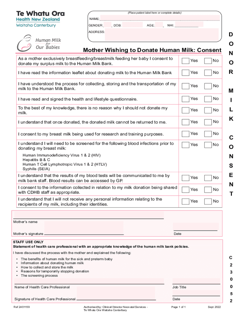 Fillable Online Donor Breast Milk Recipient Consent Form - Starship Fax ...