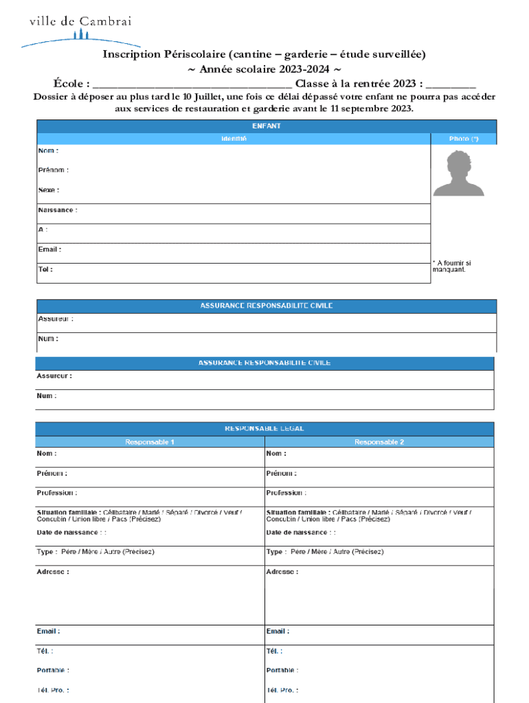 Remplissable En Ligne Dossier d'inscription 2023/2024 services priscolaires Fax Email Imprimer ...