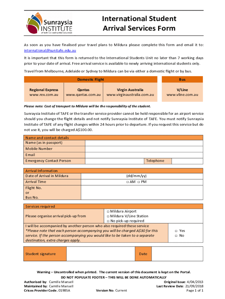 Fillable Online International Student Arrival Services Form Fax Email Print - pdfFiller