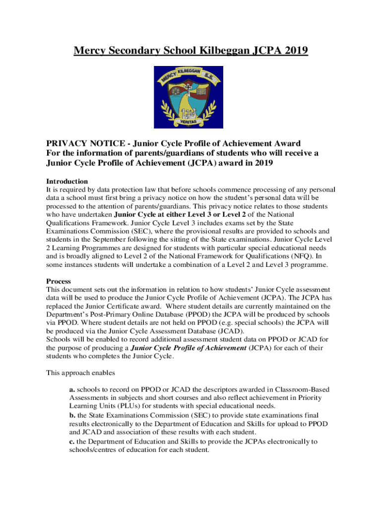 Fillable Online PRIVACY NOTICE - Junior Cycle Profile of Achievement ...