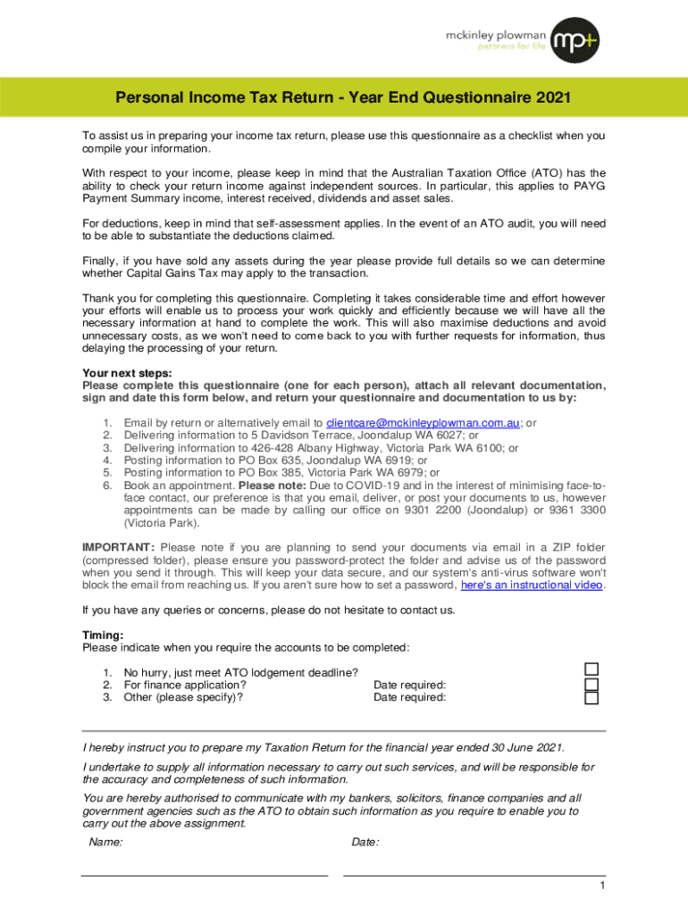 Fillable Online Personal Income Tax Return - Year End Questionnaire 2021 Fax Email Print - pdfFiller