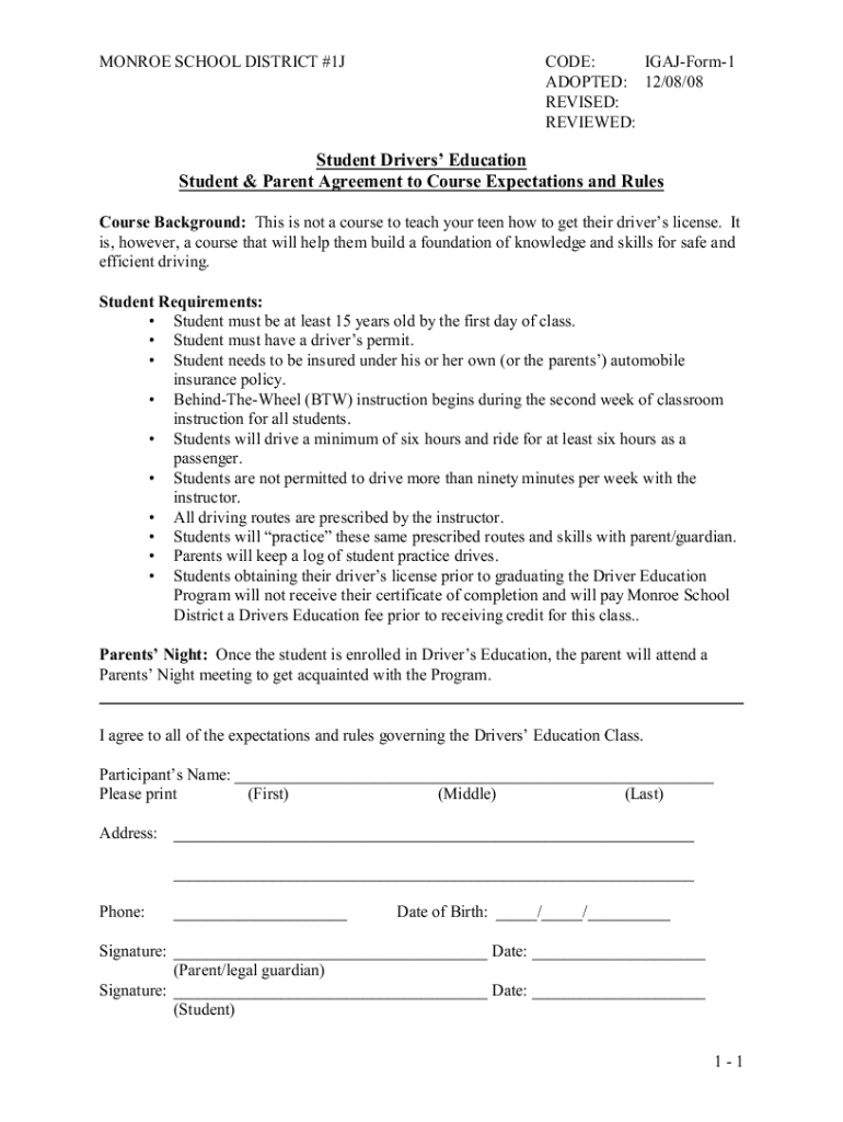 Fillable Online monroe k12 or IGAJ-F1 Drivers Ed Agreement Fax Email ...