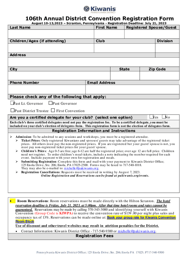 Fillable Online 106th Annual District Convention Registration Form Fax Email Print - pdfFiller