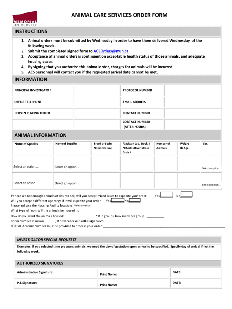 Fillable Online ANIMAL CARE SERVICES ORDER FORM Fax Email Print - pdfFiller