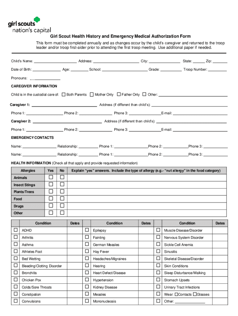 Fillable Online Girl Health History / Emergency Medical Authorization ...
