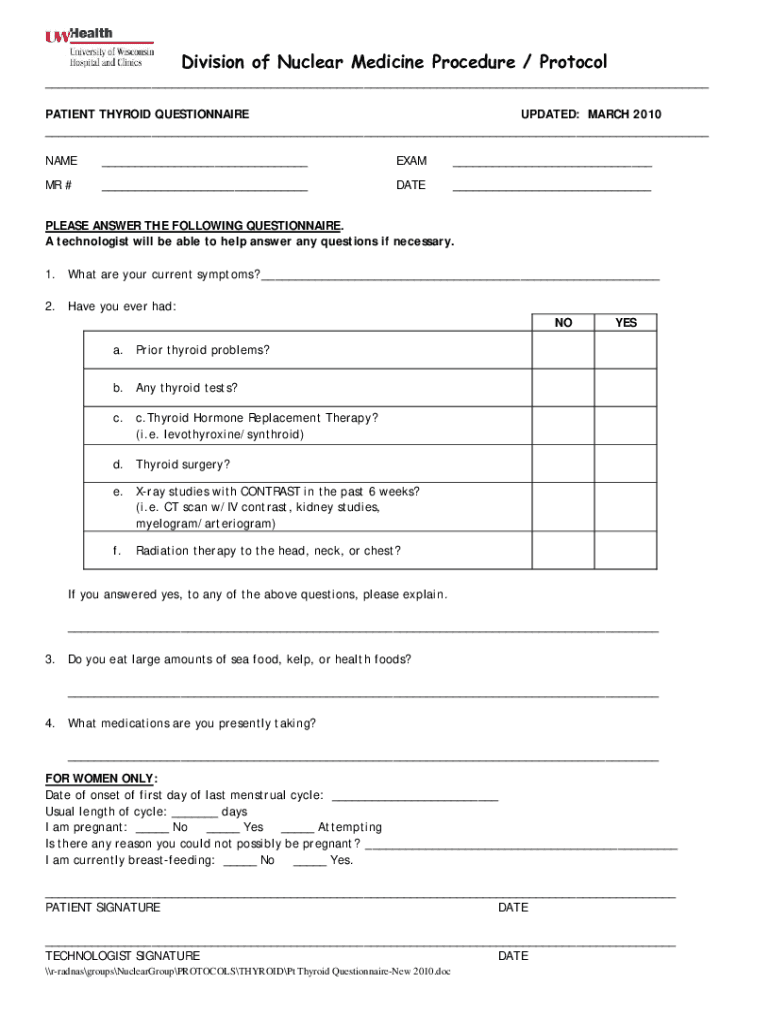 Fillable Online radiology wisc Nuclear Medicine PET/CT Thyroid Cancer ...