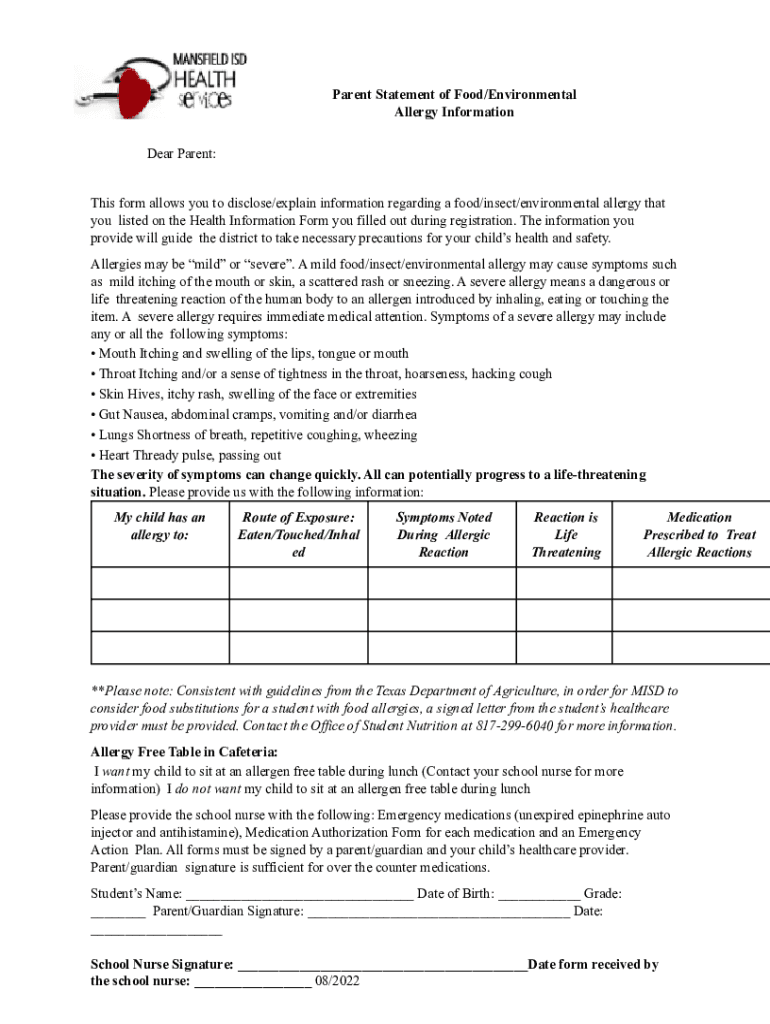 Fillable Online Parent Statement of Food Allergy Fax Email Print ...