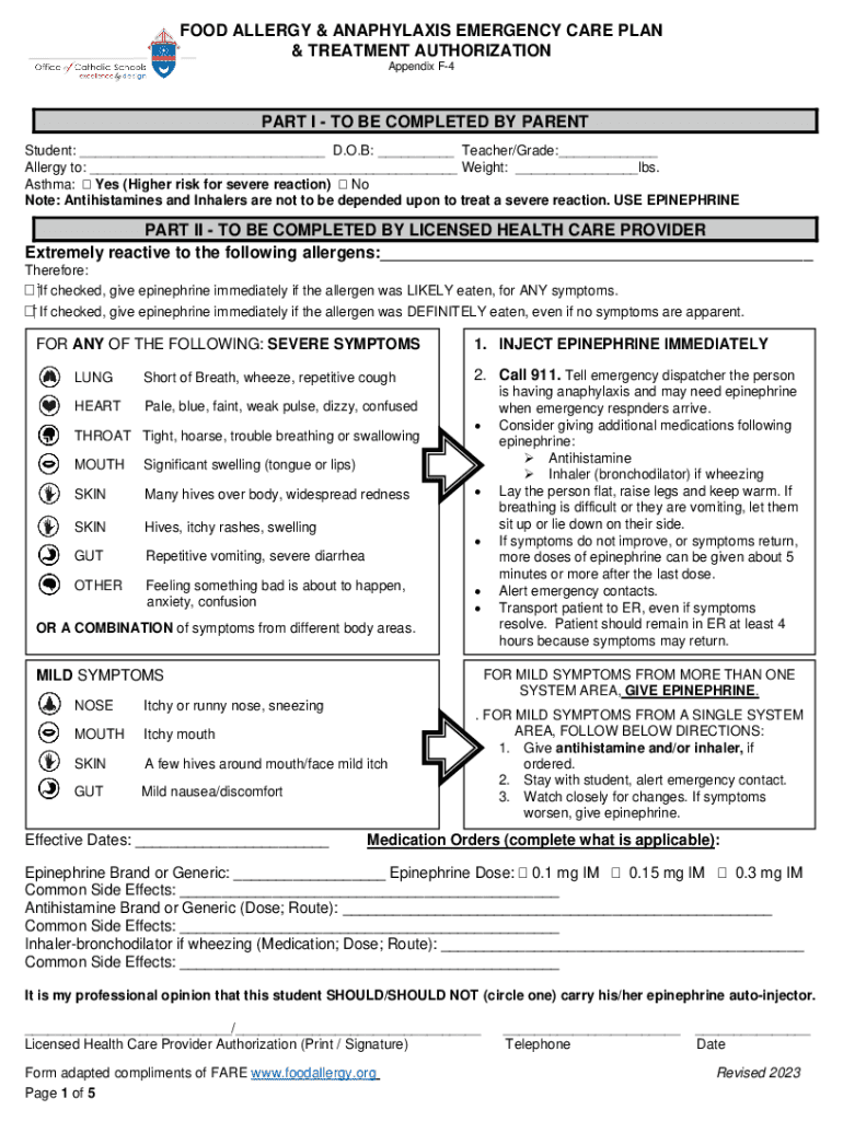 Fillable Online food allergy & anaphylaxis emergency care plan ...