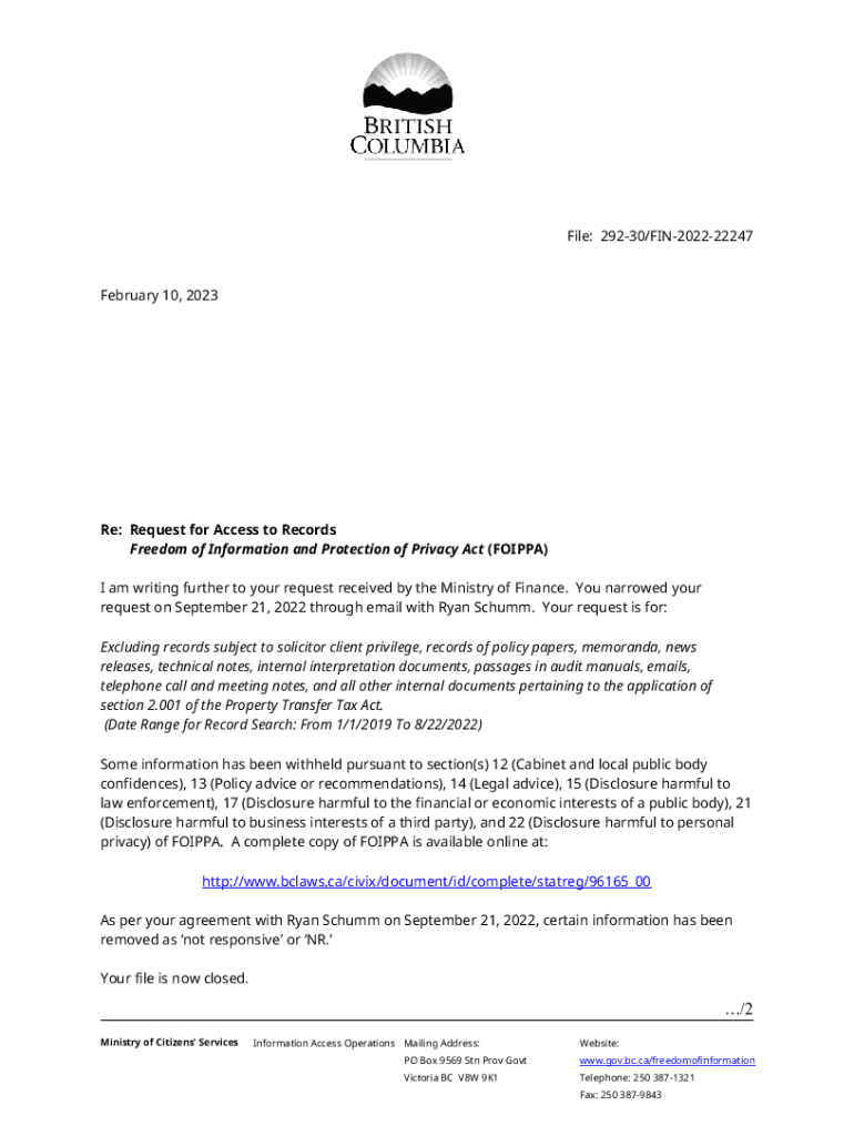 Fillable Online docs openinfo gov bc request on September 21, 2022 through email with Ryan ...